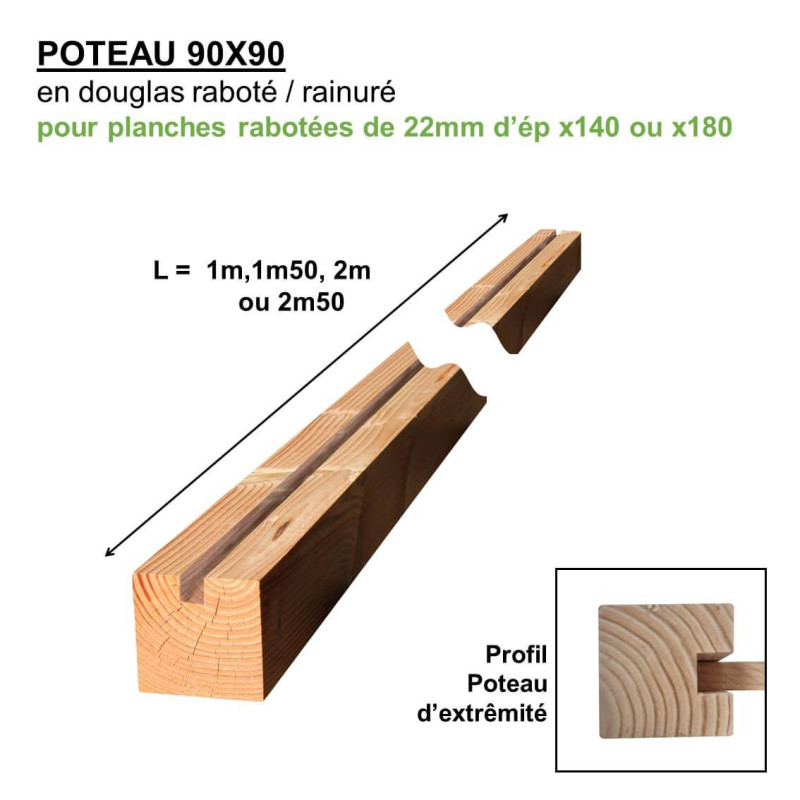 Poteau rainuré 90x90mm en 1m20 Douglas Naturel C18 origine France ...